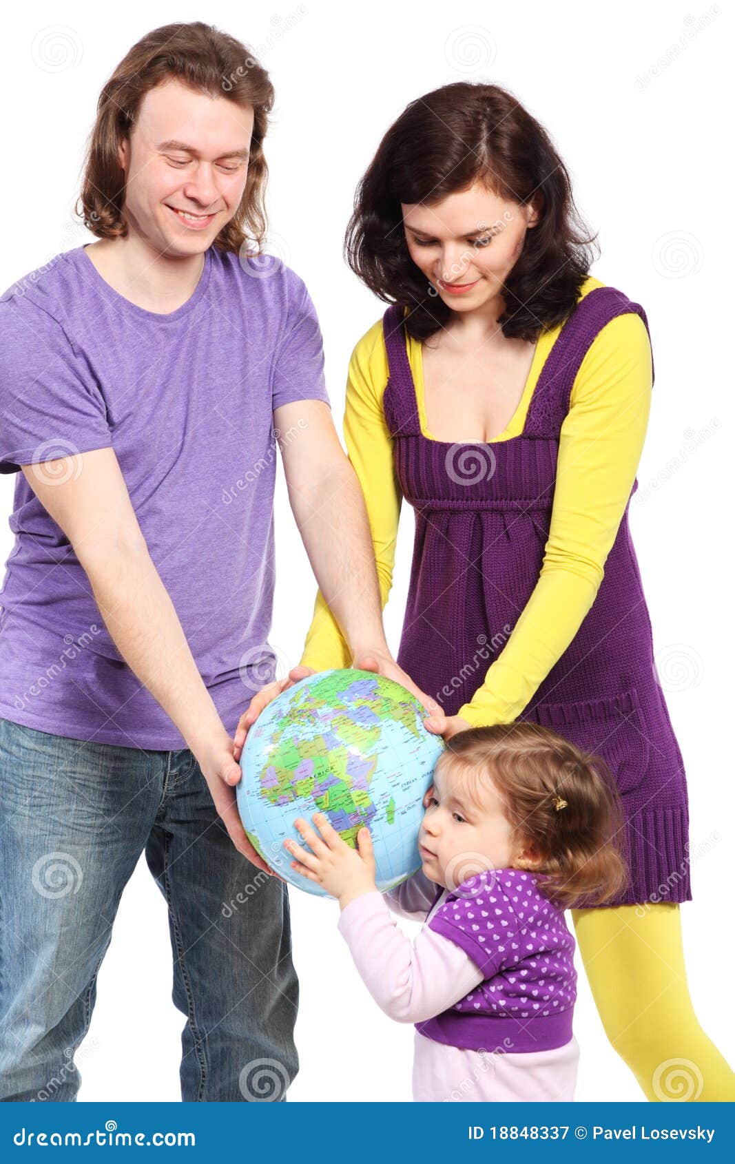 Family Takes Look with Interest Small Globe Stock Image - Image of ...