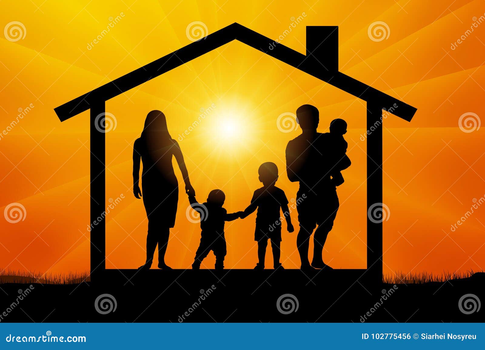 Family with Three Children in the House at Sunset. Stock Vector ...