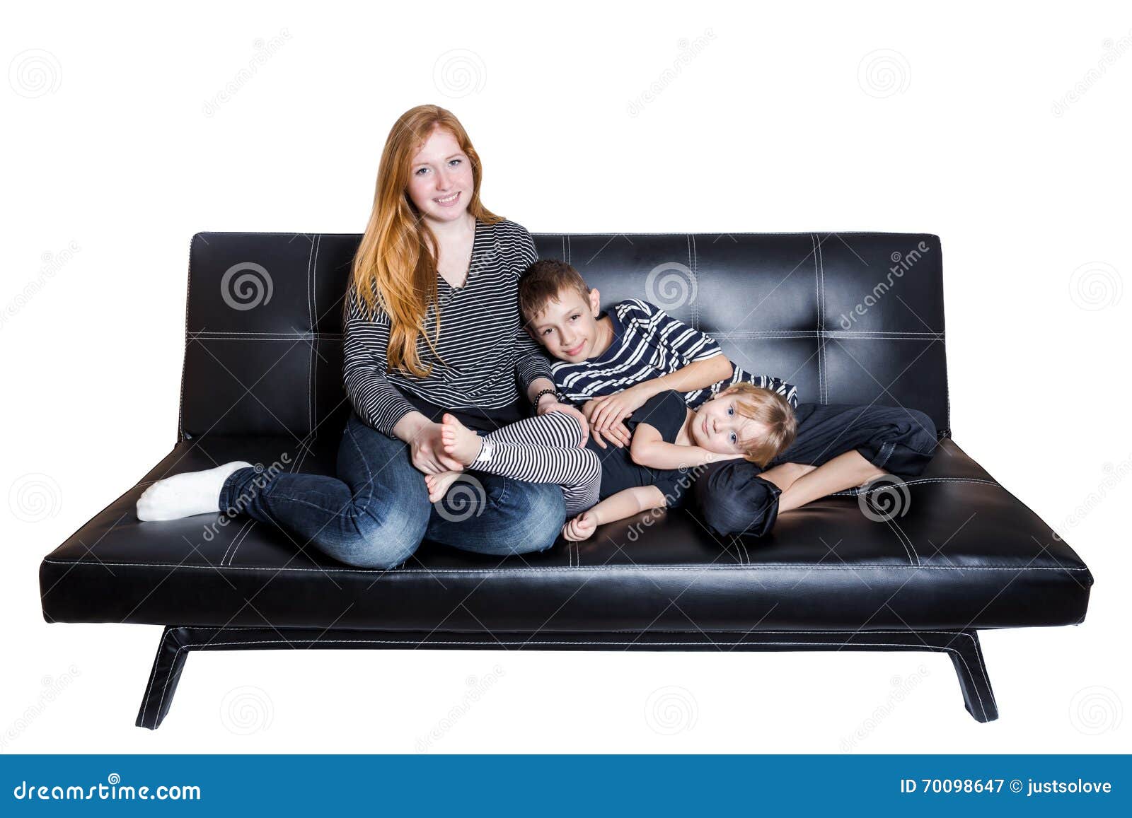 Family of Three at the Couch Isolated on White Background Stock Image ...