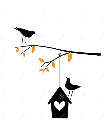 Birds Couple Silhouette on Branch and Bird Cage, Vector. Birds in Love ...