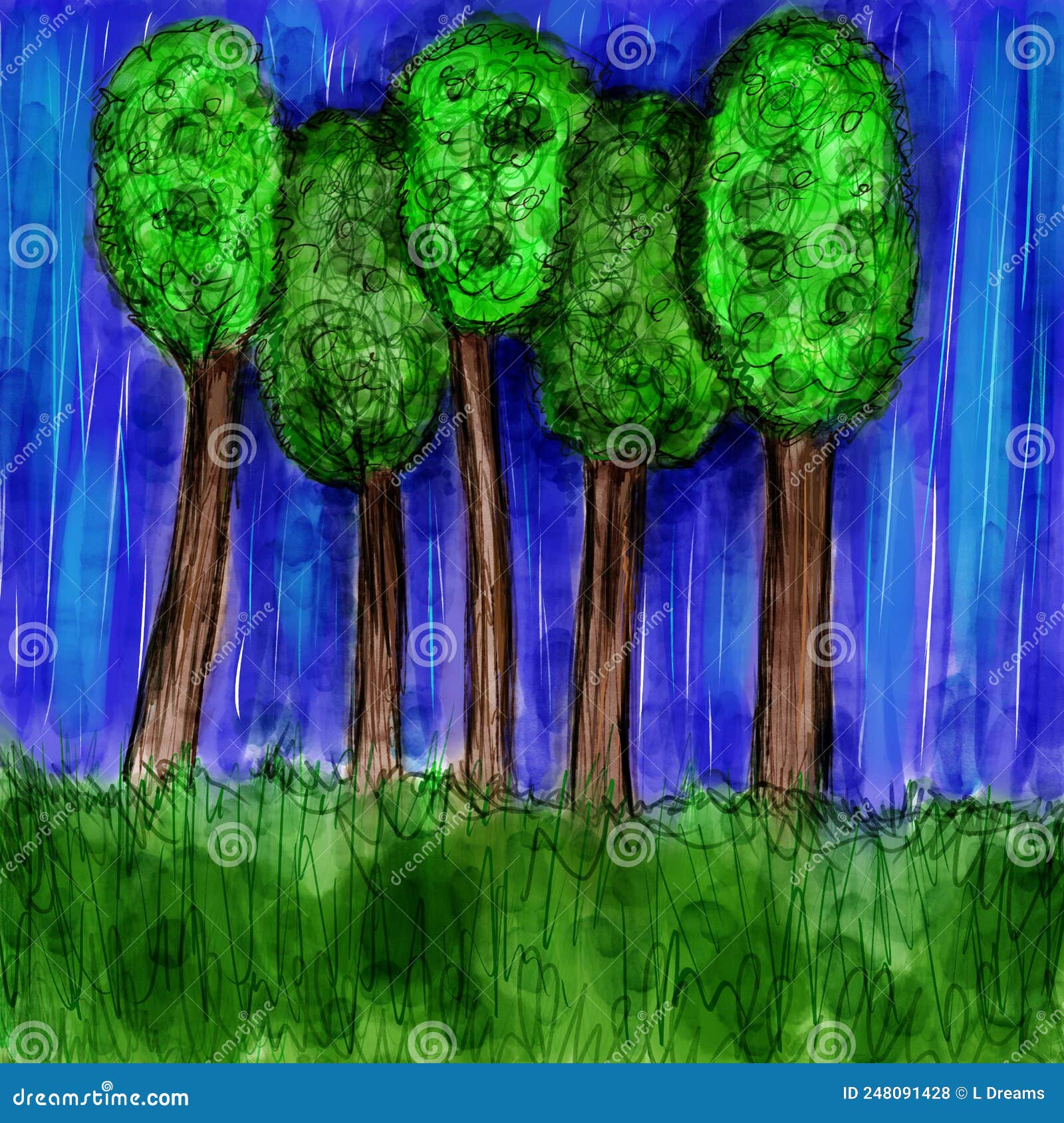 Family of Trees Together Under the Rain at Night Stock Illustration ...