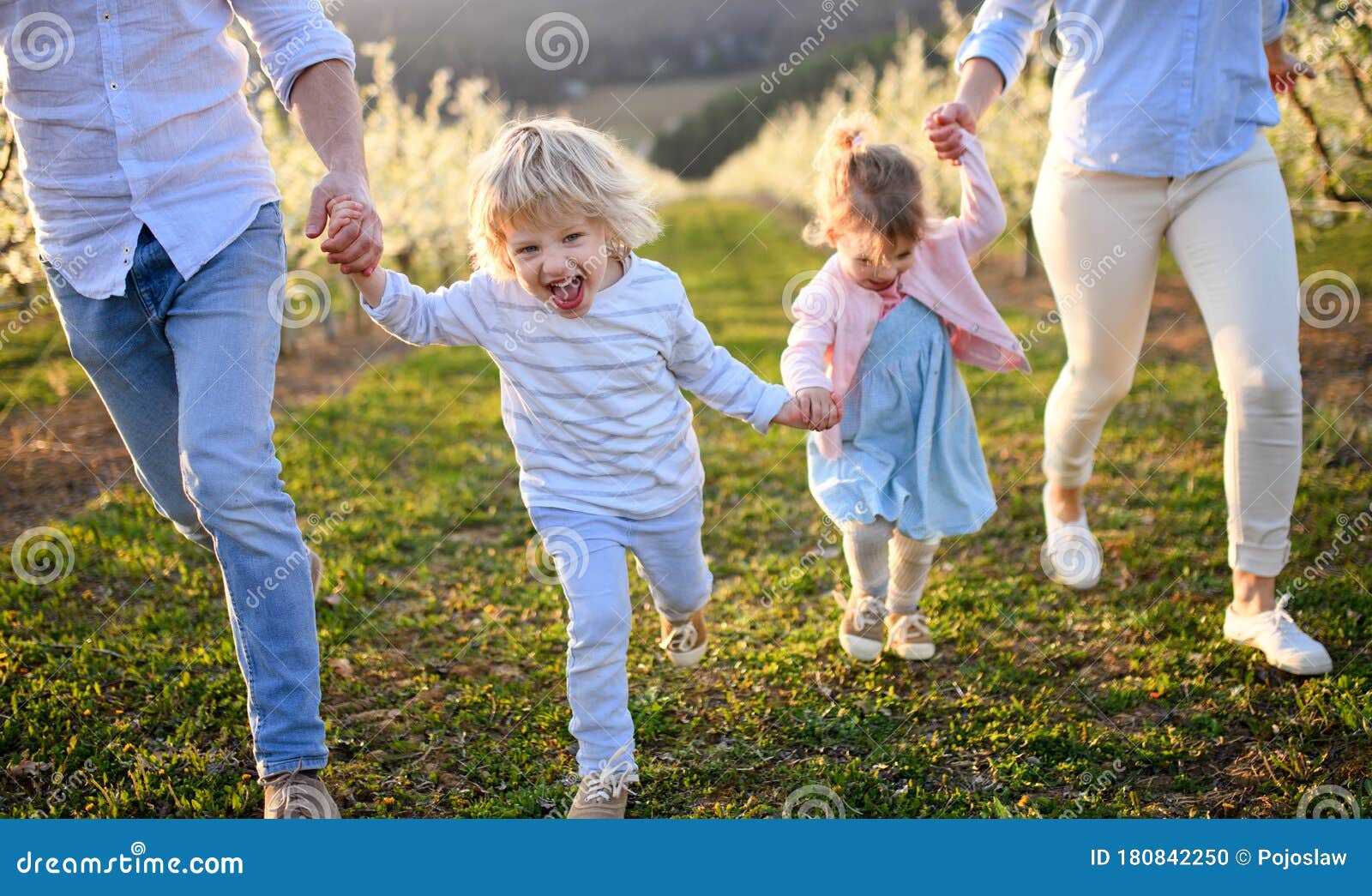 Family with Two Small Children Running Outdoors in Orchard in Spring ...