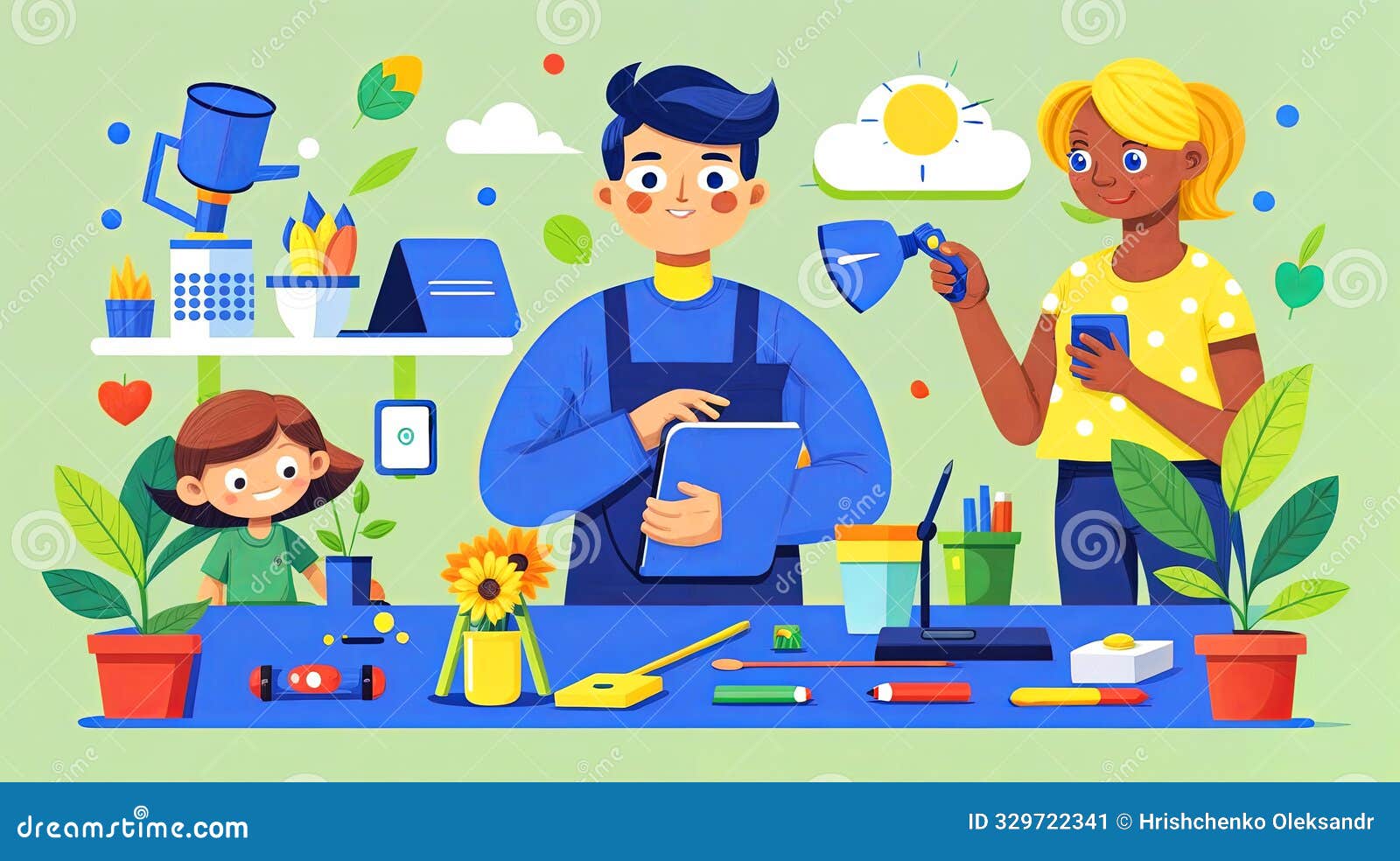 The Family Uses the Internet for Creative Activities Stock Illustration ...