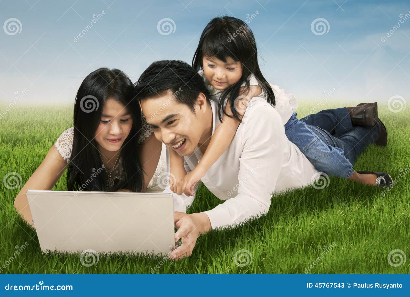 Family Using Laptop on the Meadow Stock Image - Image of chinese ...