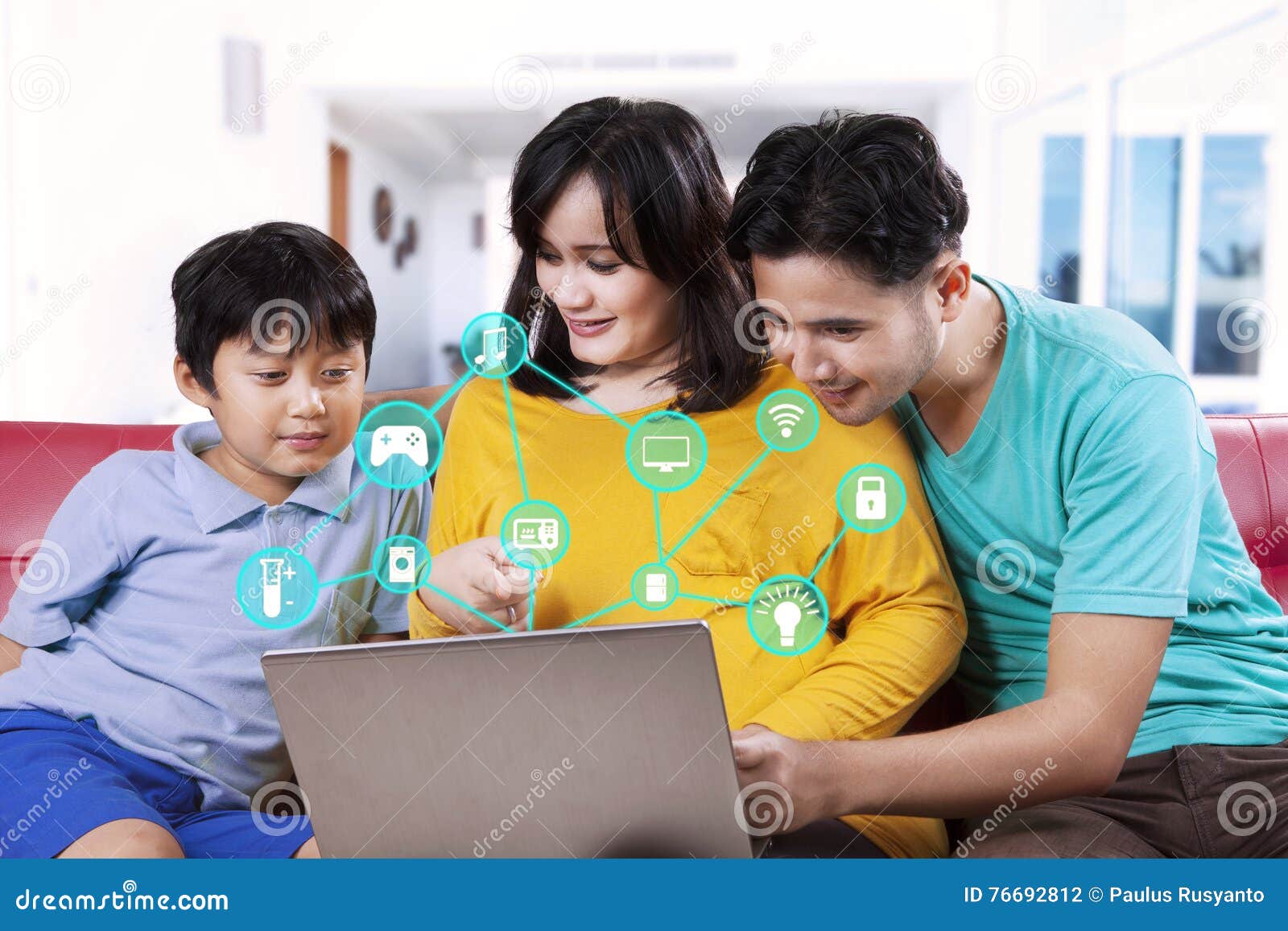 Family Using Smart Home System on Laptop Stock Photo - Image of light ...