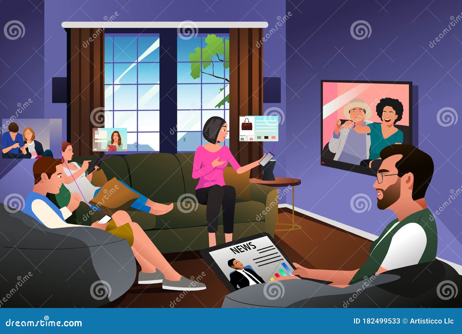Family Using Technology at Home during Quarantine Illustration Stock ...