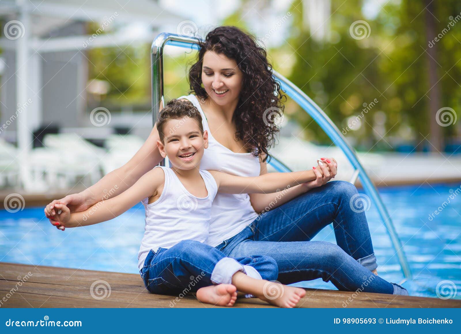 Family on Vacation Having Fun at Outdoor Pool Stock Image - Image of ...