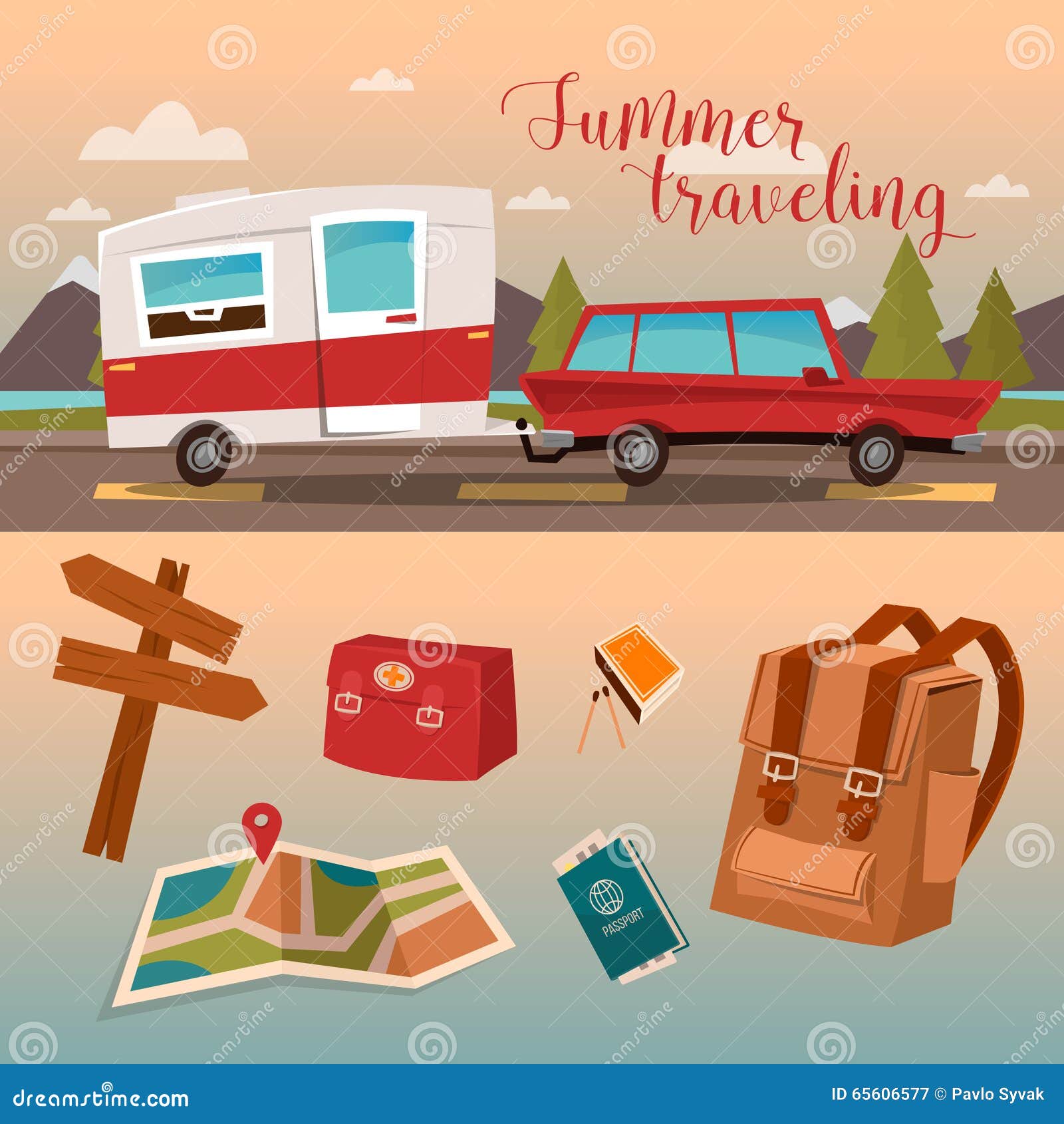 Family Vacation Time. Holidays by Camper Stock Vector - Illustration of ...