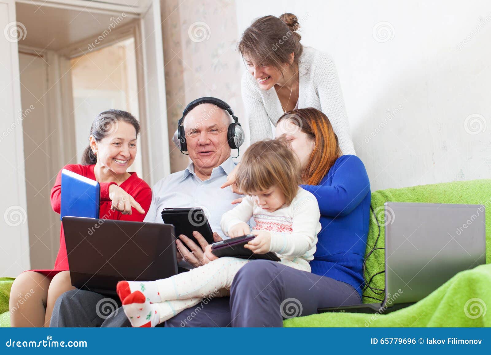 Family of with Various Portable Computers Stock Photo - Image of happy ...