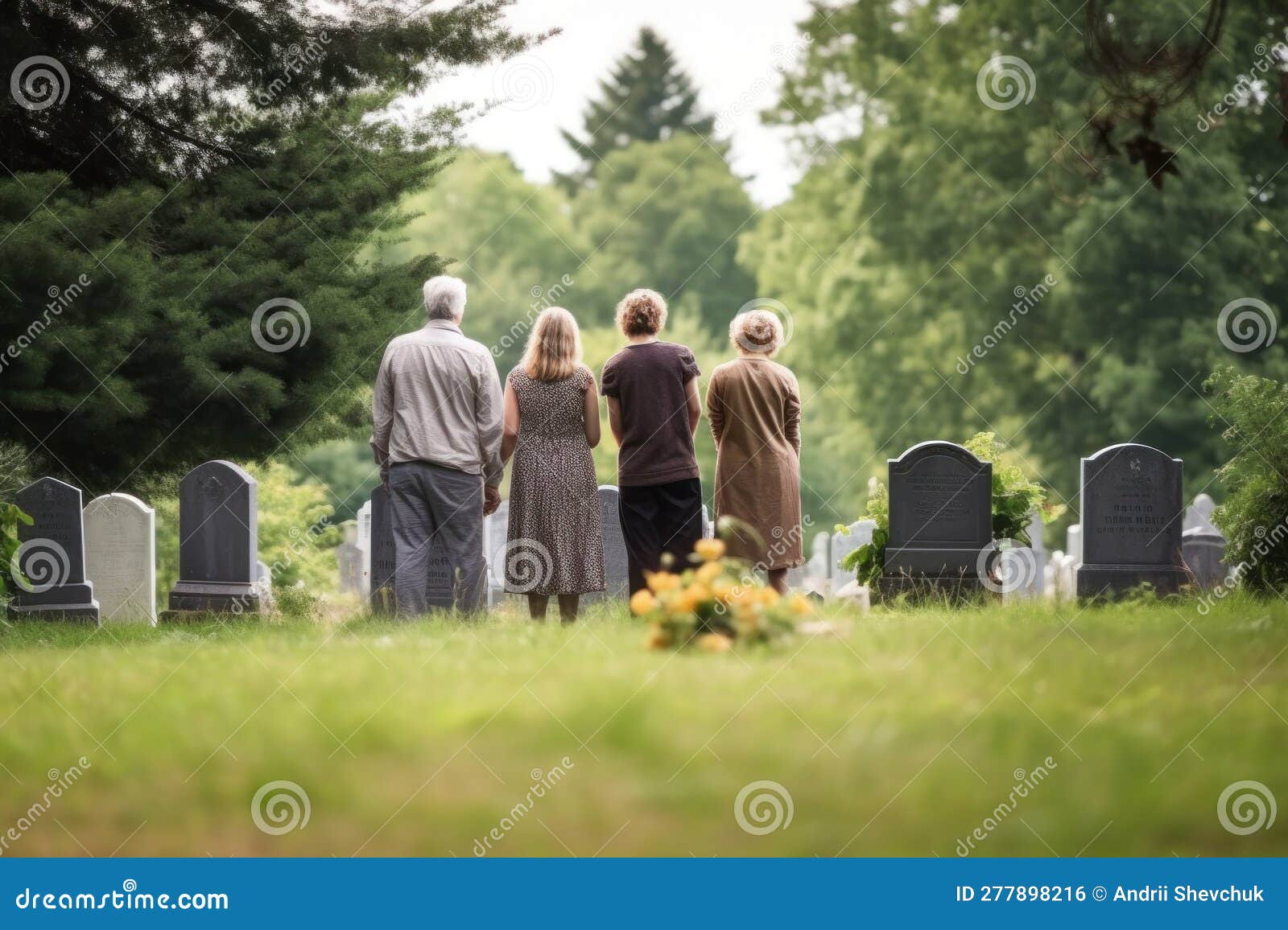 Sad Family On Cemetery Or Graveyard Mourning Deceased Relative ...