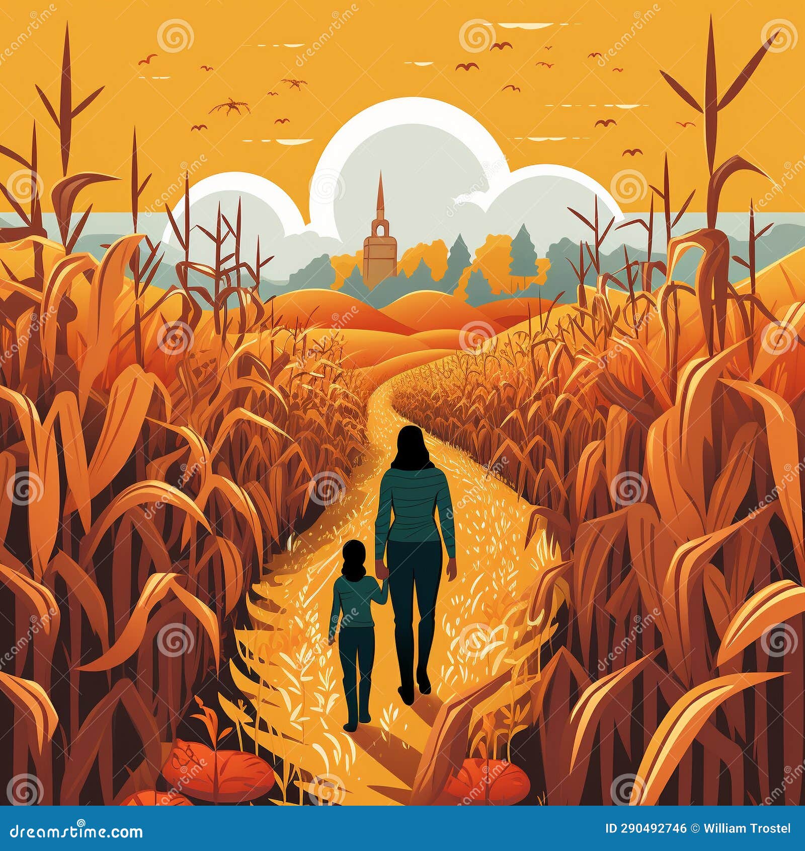 Family Walking through Corn Maze Stock Illustration - Illustration of ...