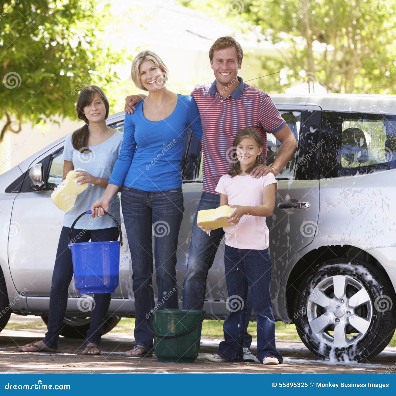 Family Washing Car Together Stock Photo - Image of wash, child: 55895326