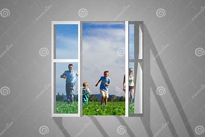 Family in window stock image. Image of field, life, daddy - 3691035