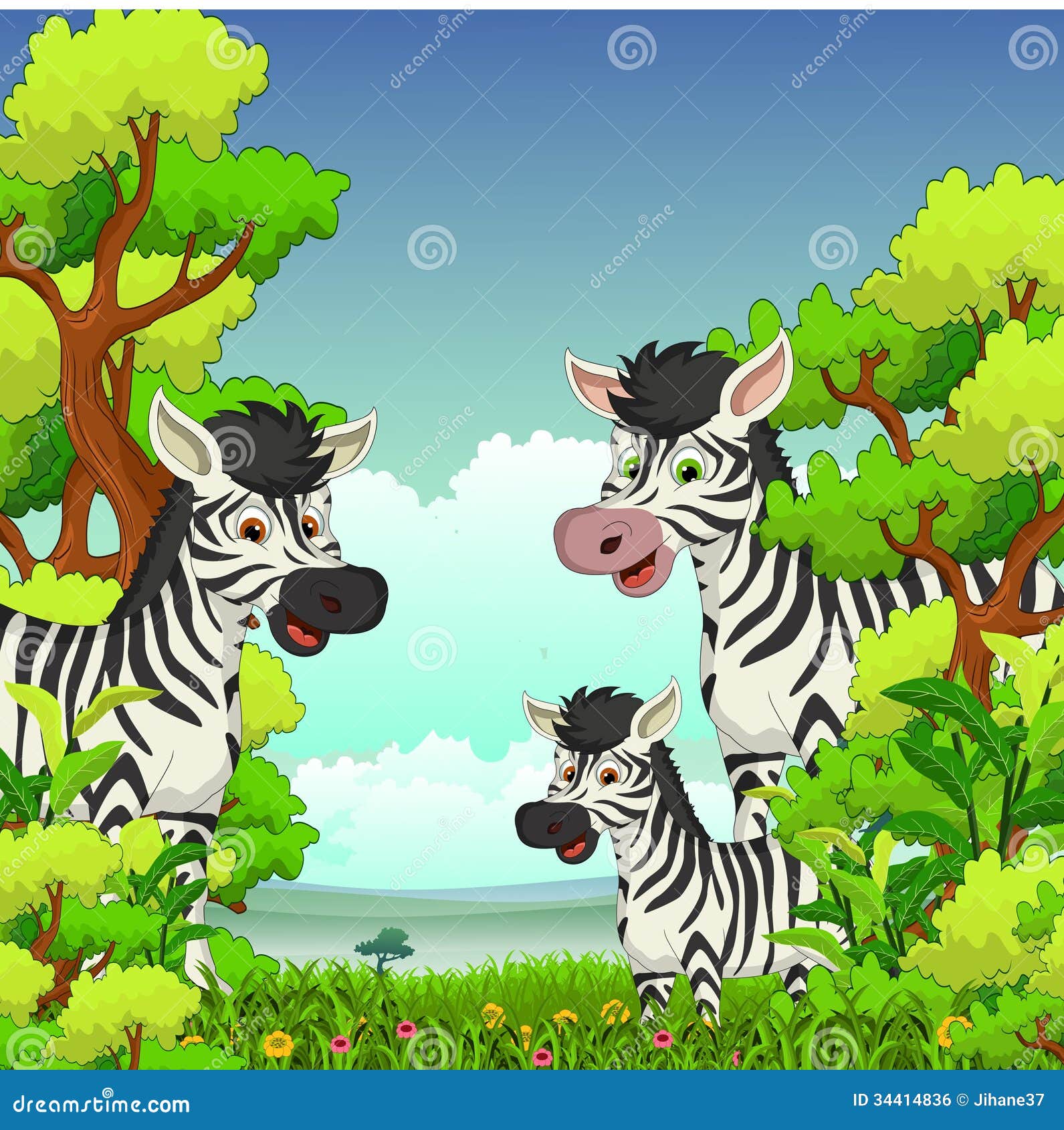 Family Of Zebra Cartoon With Forest Background Stock Photo ...