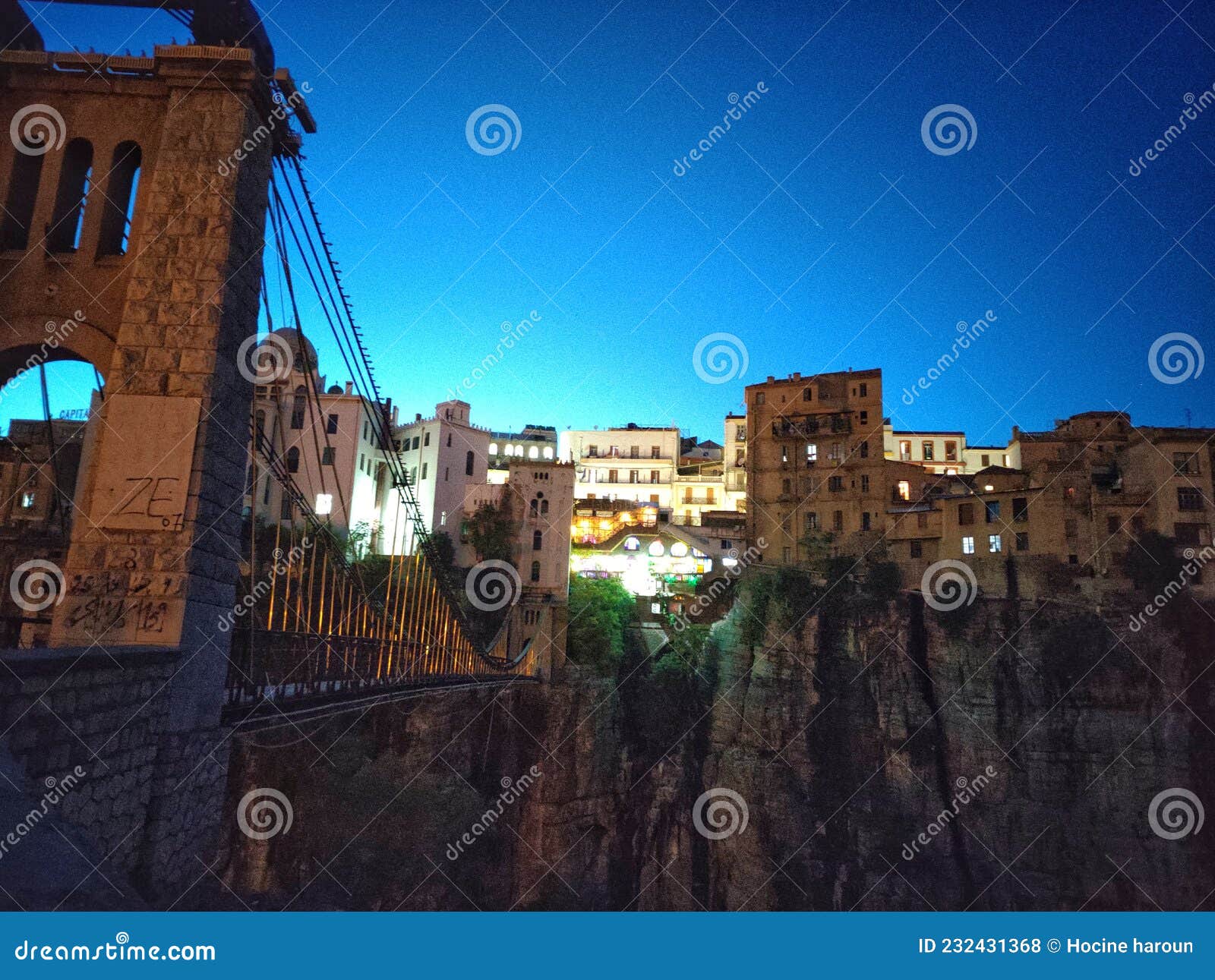 Famous Bridge and Old City at Night Under Moonlight in Constantine ...