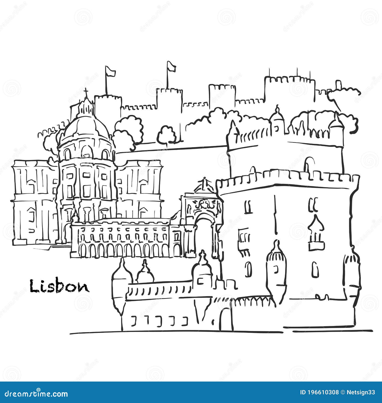 Famous Buildings of Lisbon Vector Sketch Stock Vector - Illustration of ...