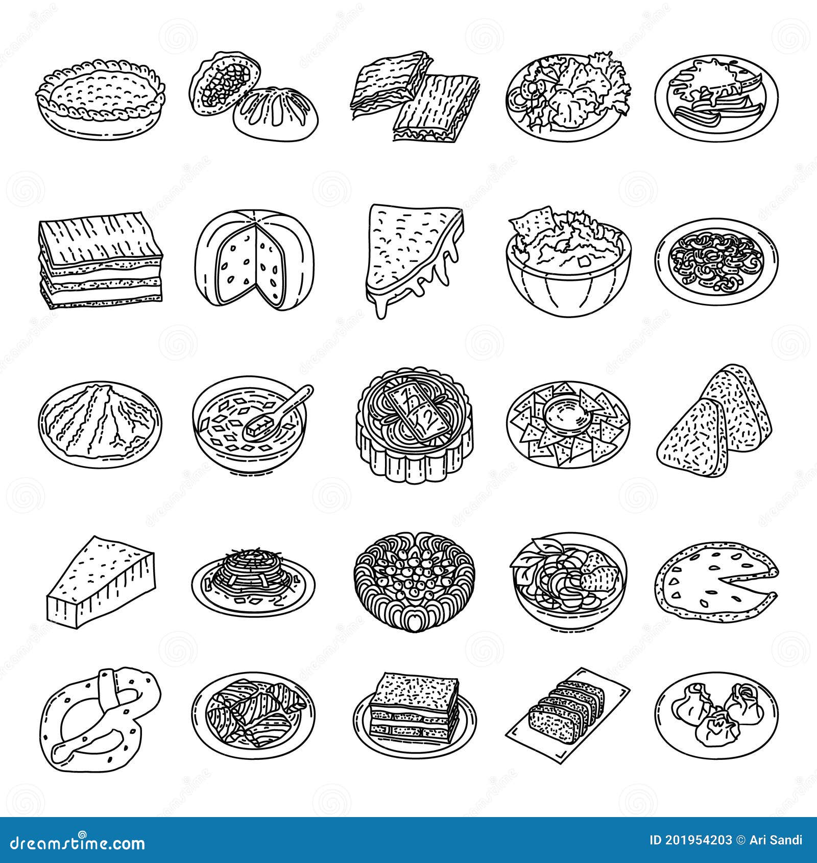 Famous Foods Set Icon Vector. Doodle Hand Drawn or Outline Icon Style ...