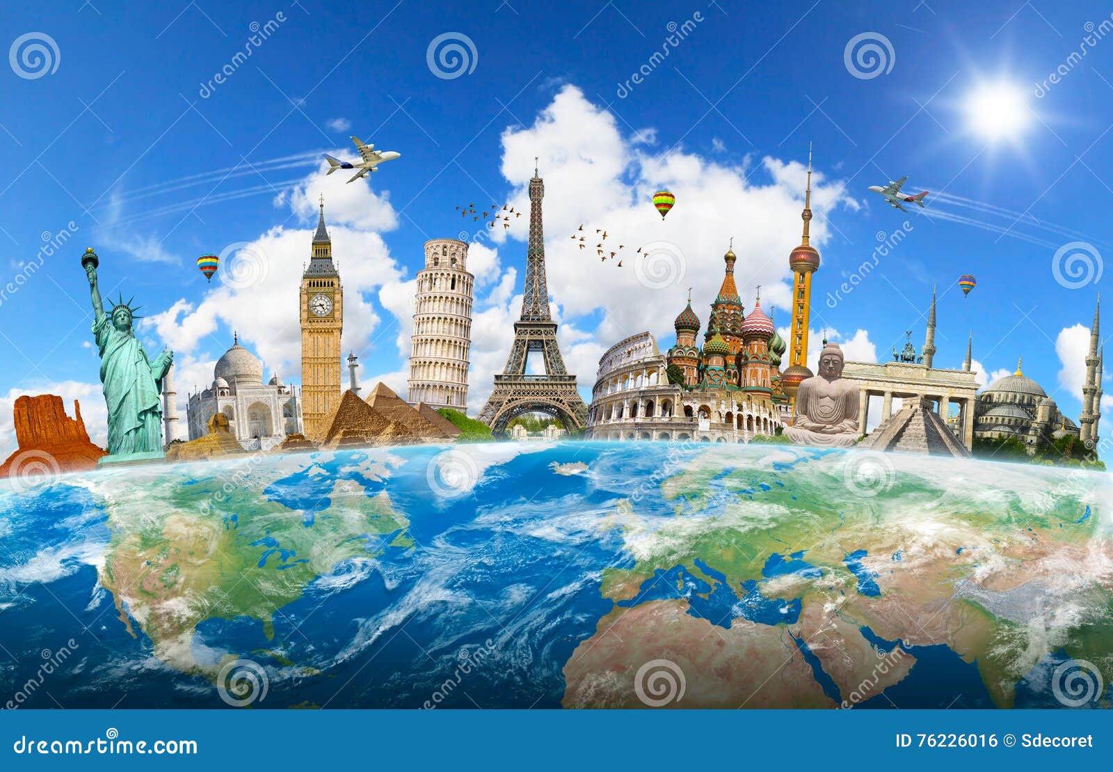 Famous Landmarks of the World Grouped Together on Planet Earth Stock ...