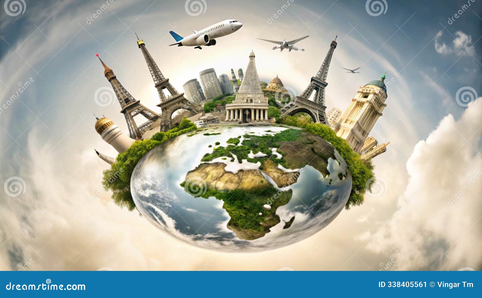 Famous Landmarks of the World Surround a Globe, with Airplanes Flying ...
