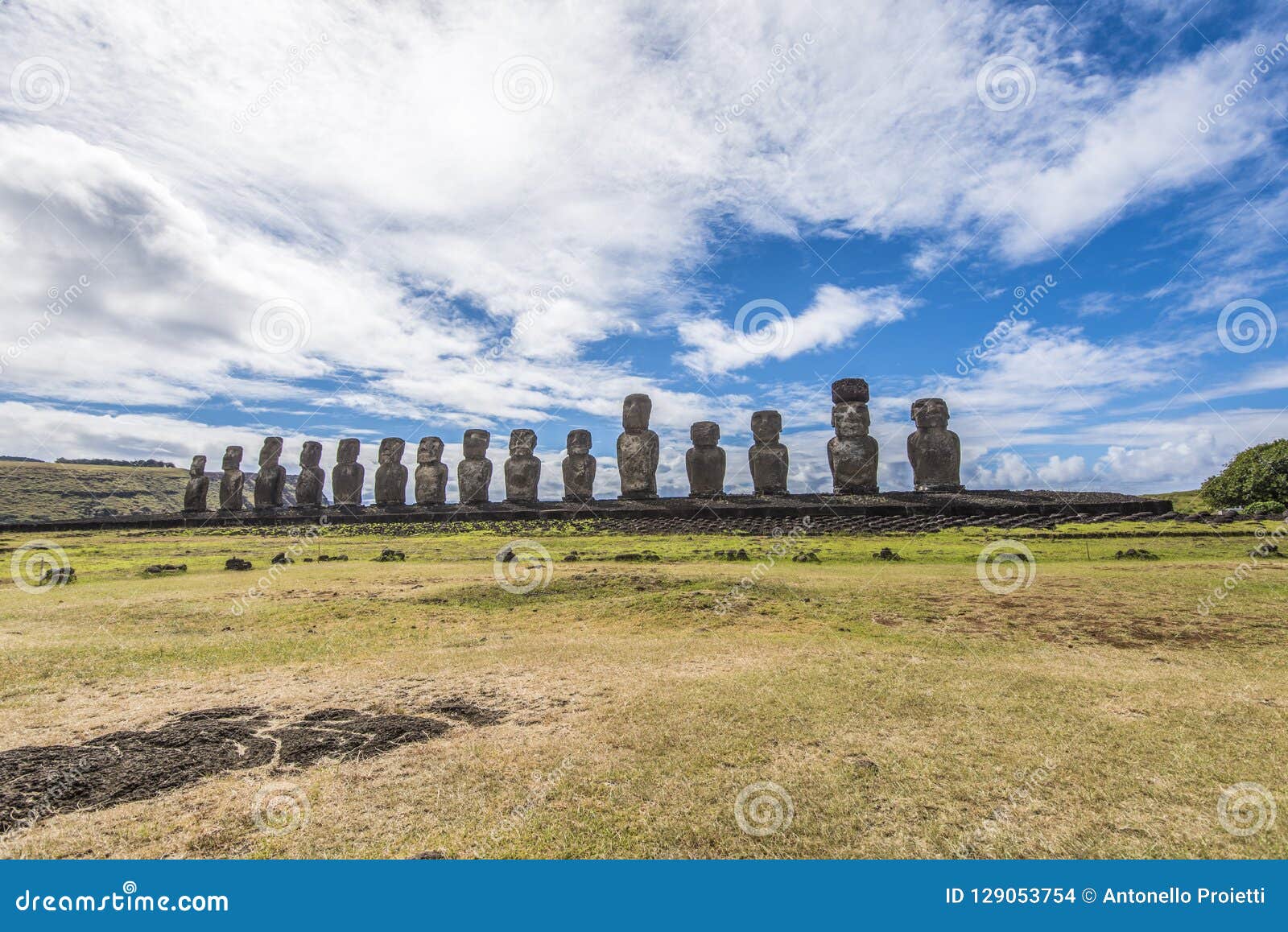 Frontal Overview of the 15 Moais of Tongariki Stock Photo - Image of ...