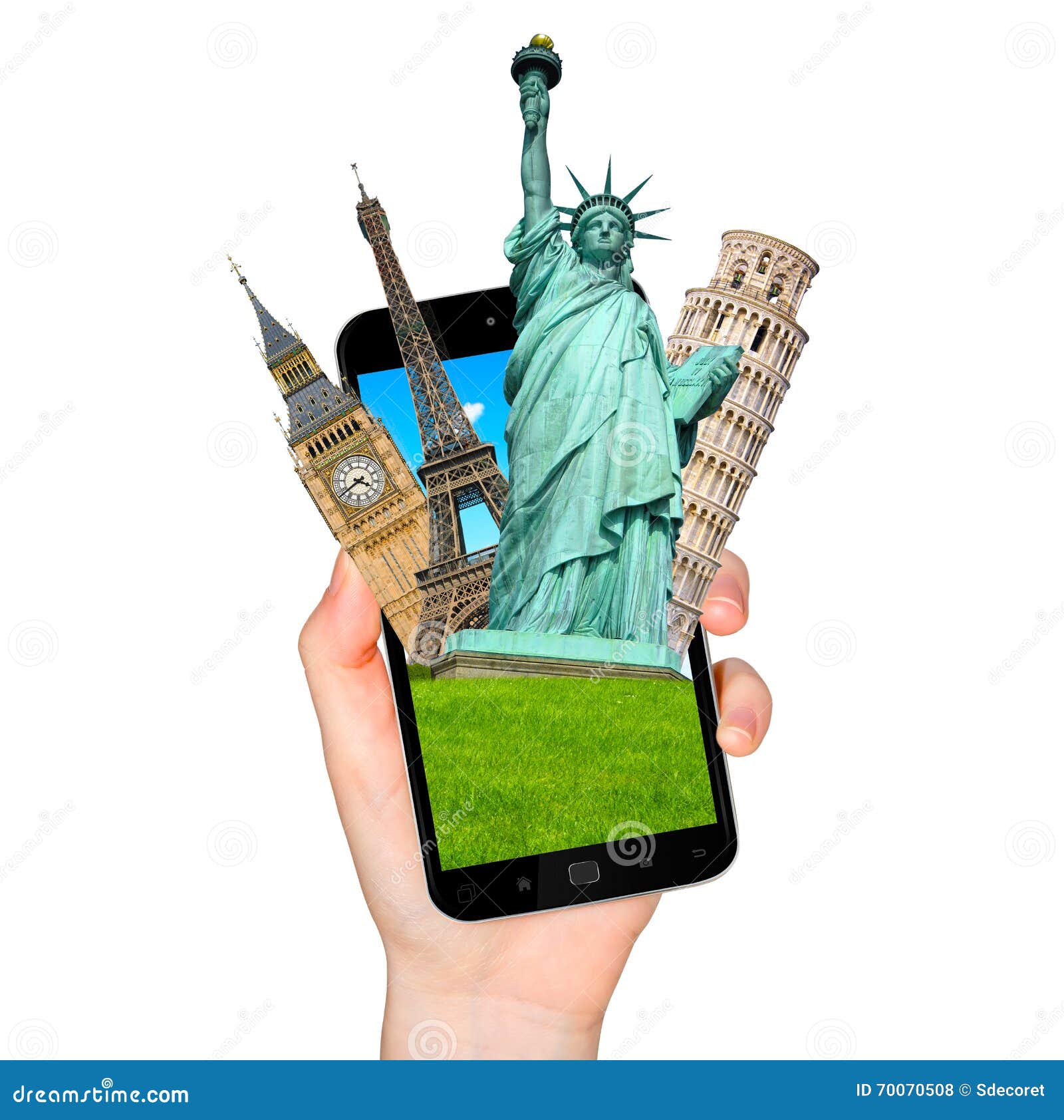Famous Monuments of the World Going Out of a Mobile Phone on Whi Stock ...