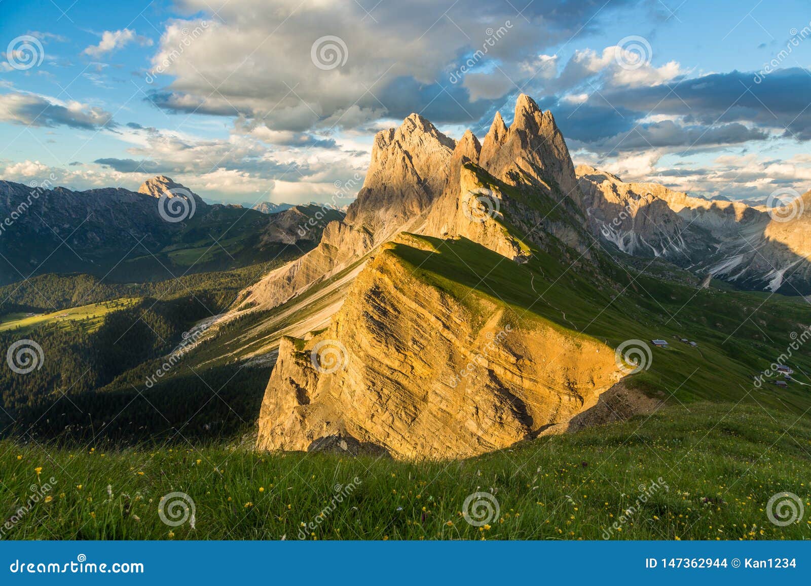 Odle Mountain Range at Sunset, Seceda, Dolomite, Italy Stock Photo ...