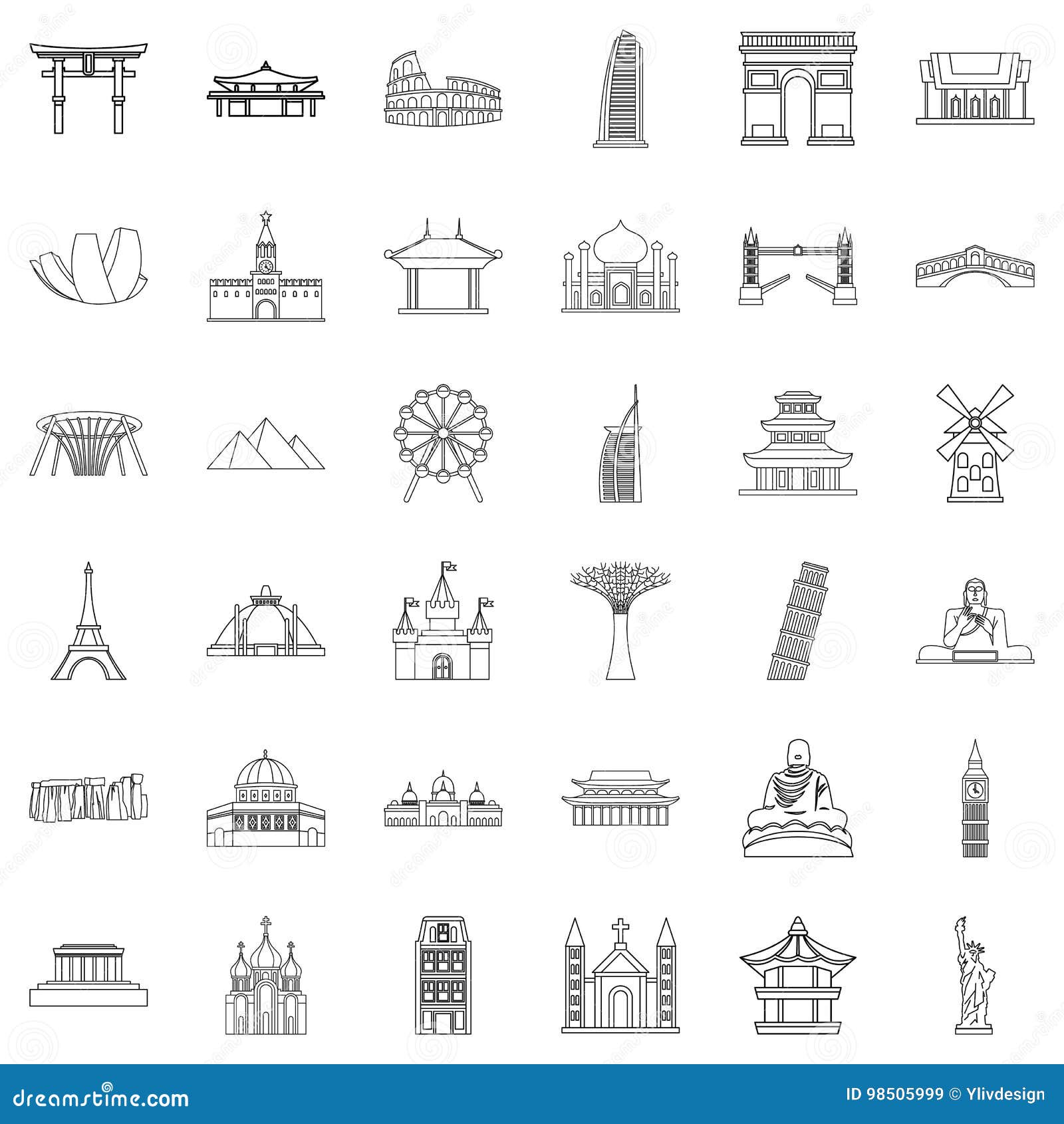 Famous Place Icons Set, Outline Style Stock Vector - Illustration of ...