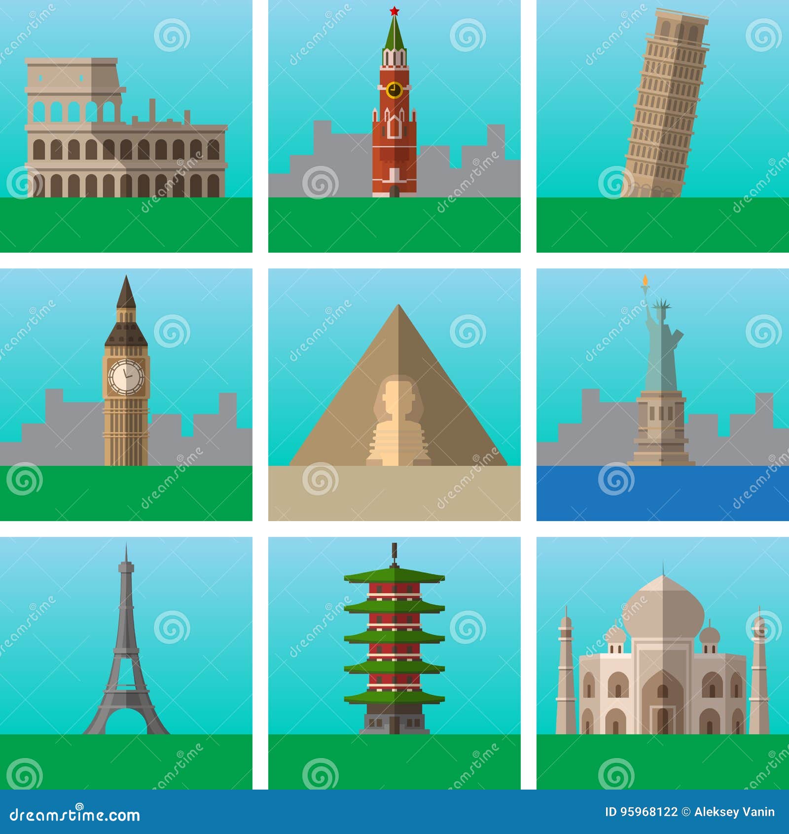 Famous Places and Landmarks Vector Illustrations Set, Modern Flat Icons ...