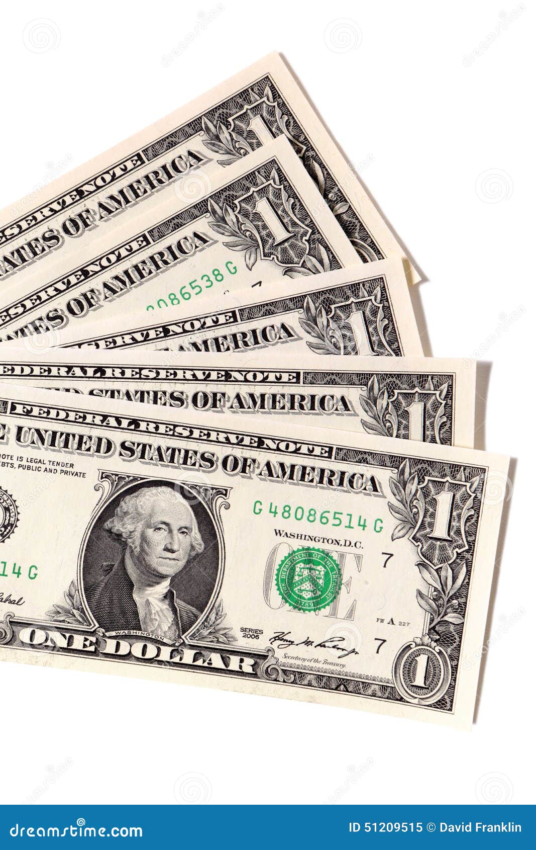 Isolated Fan of US One Dollar Bills, White Background Stock Image ...