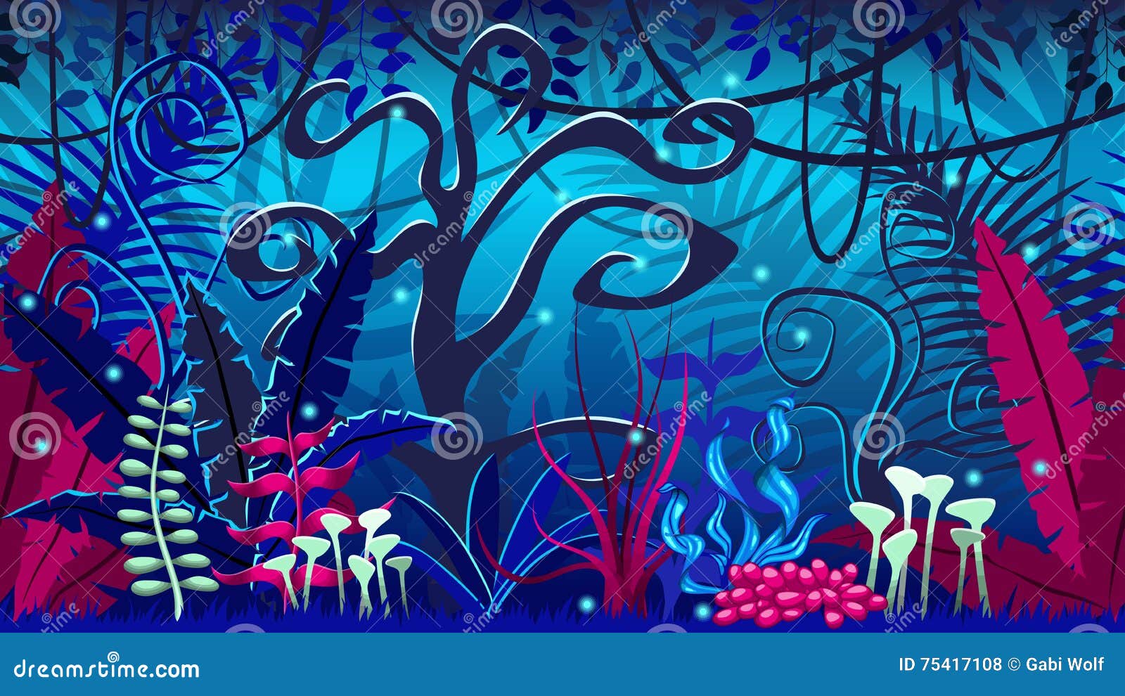 Fanciful jungle at night stock vector. Illustration of vector - 75417108