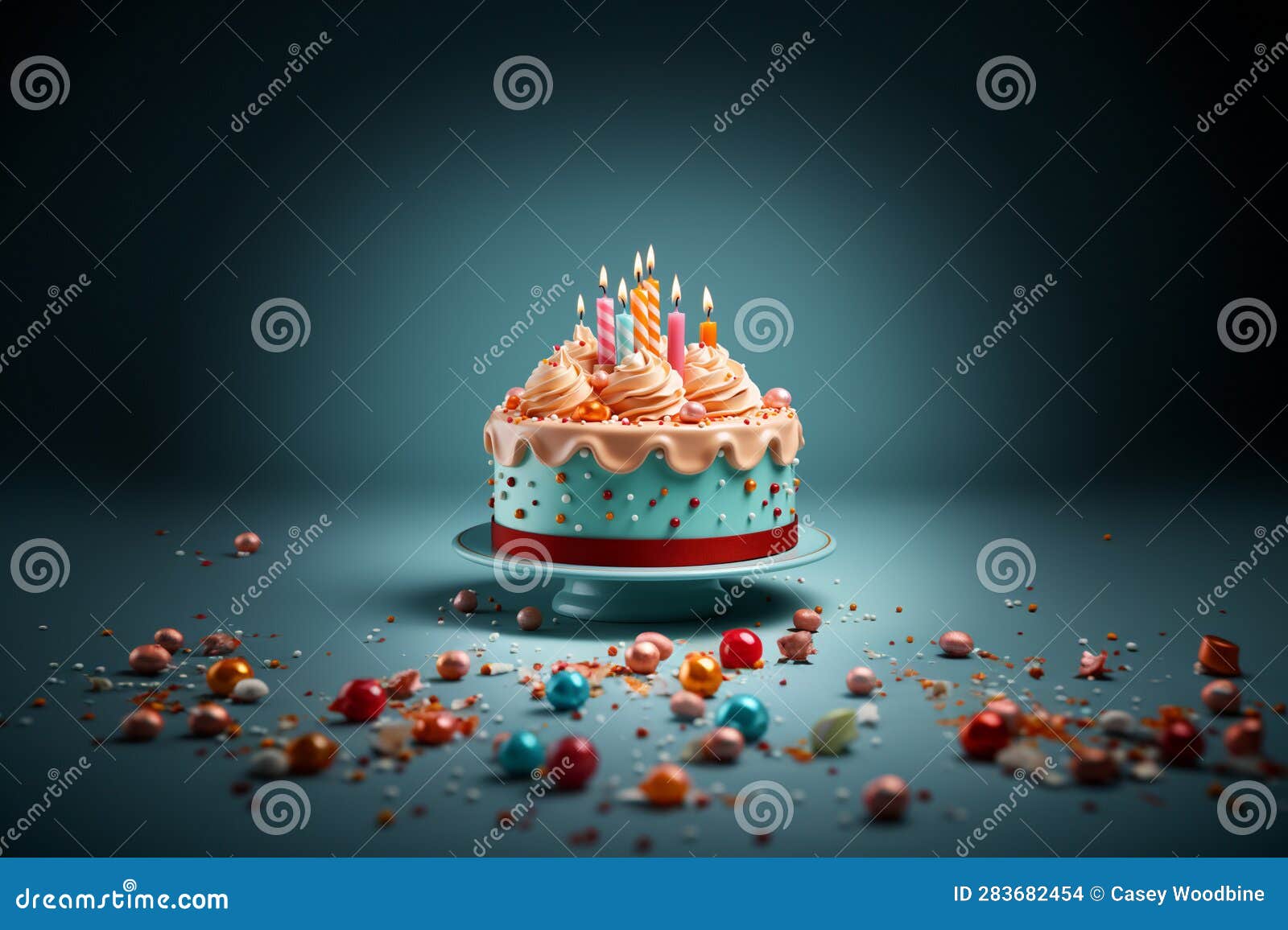 Fancy Birthday Cake Decorated with Lit Candles, Isolated on Plain ...