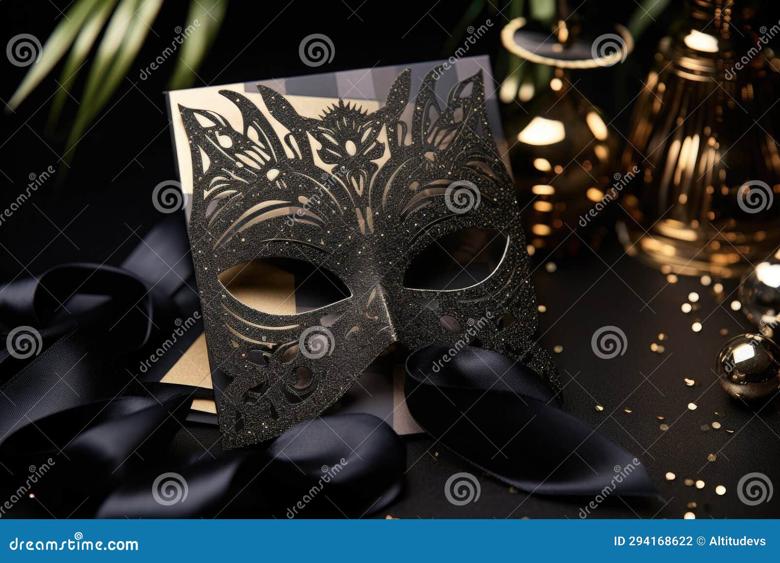Fancy Black-tie Event Invitation Next To a Masquerade Mask Stock Photo ...
