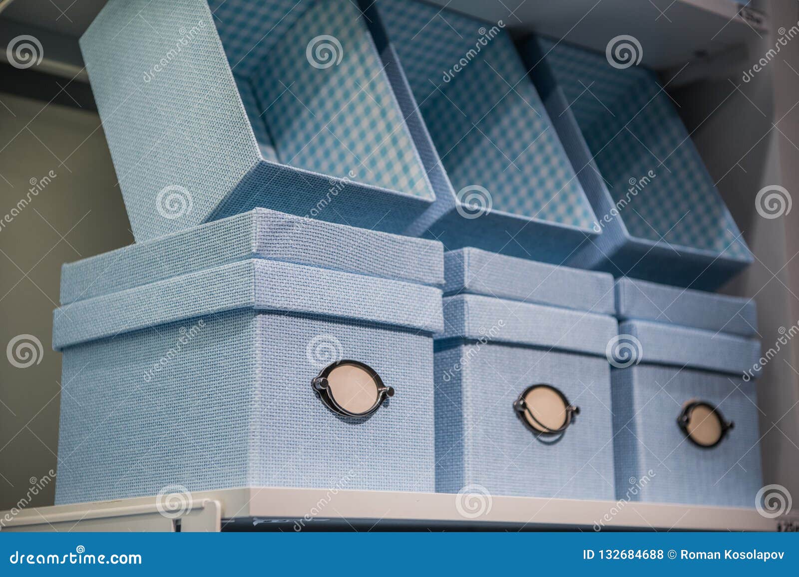 Fancy Blue Textile Gift Storage Box on a Shelf Stock Photo - Image of ...