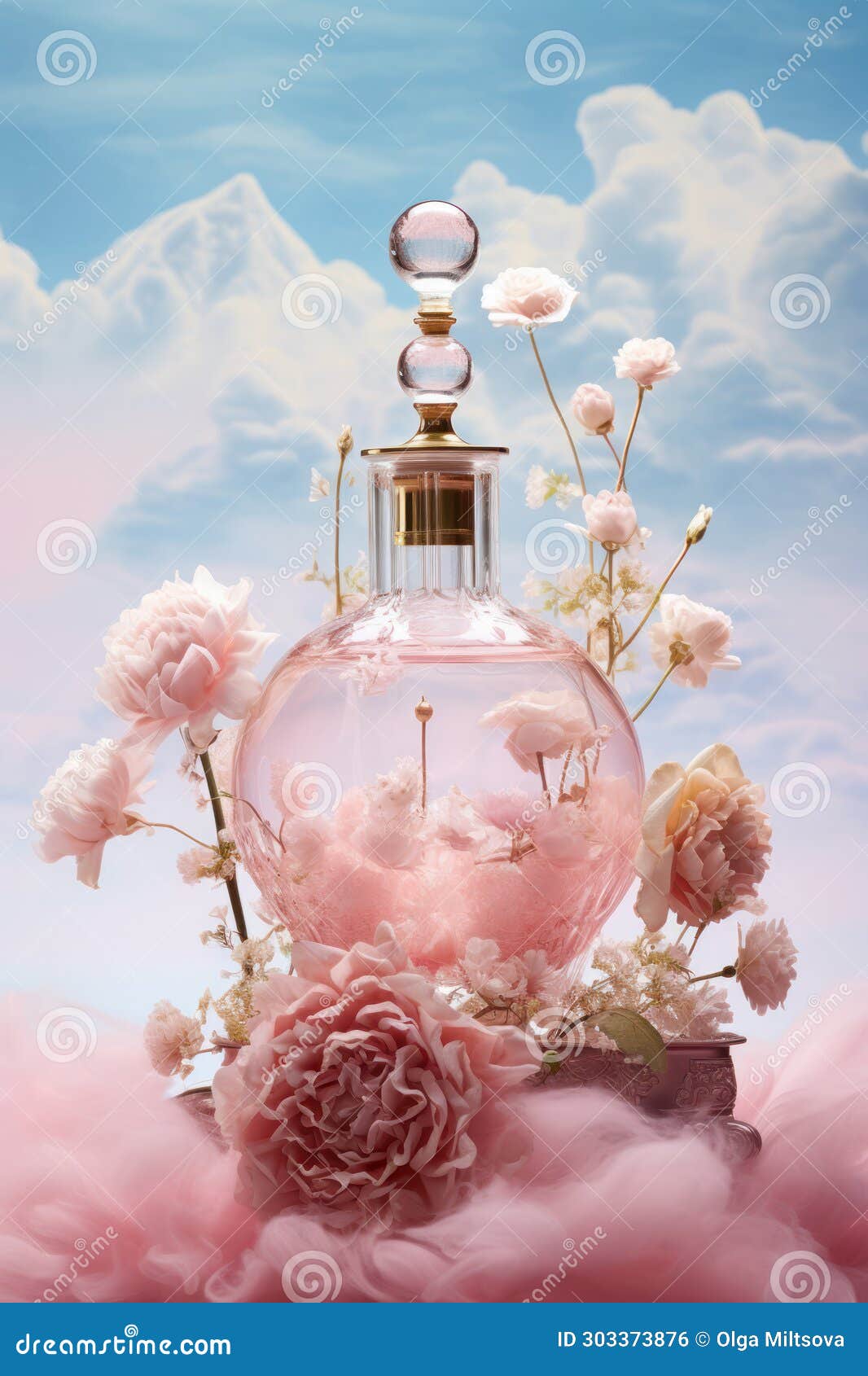 Fancy Glass Perfume Bottles in Sky Pink Clouds, Generative AI Stock ...