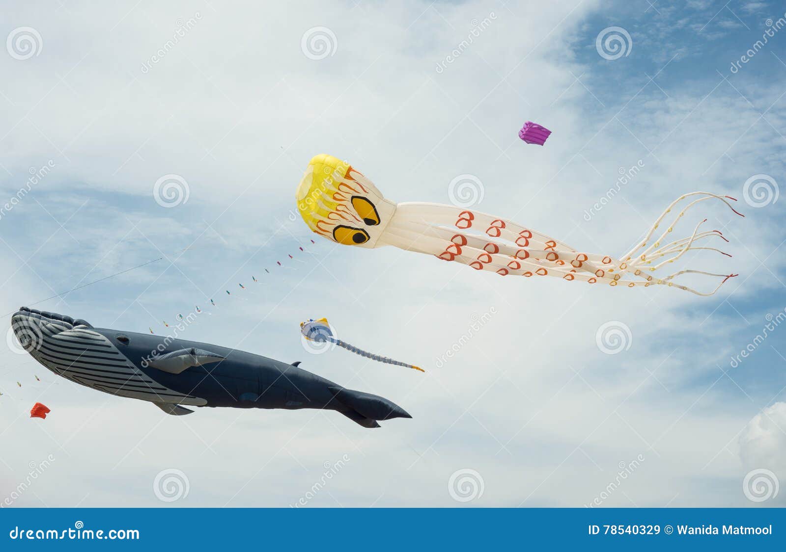 Fancy Kites in Octopus and Whale Shaped in Cloudy Blue Sky Stock Image ...