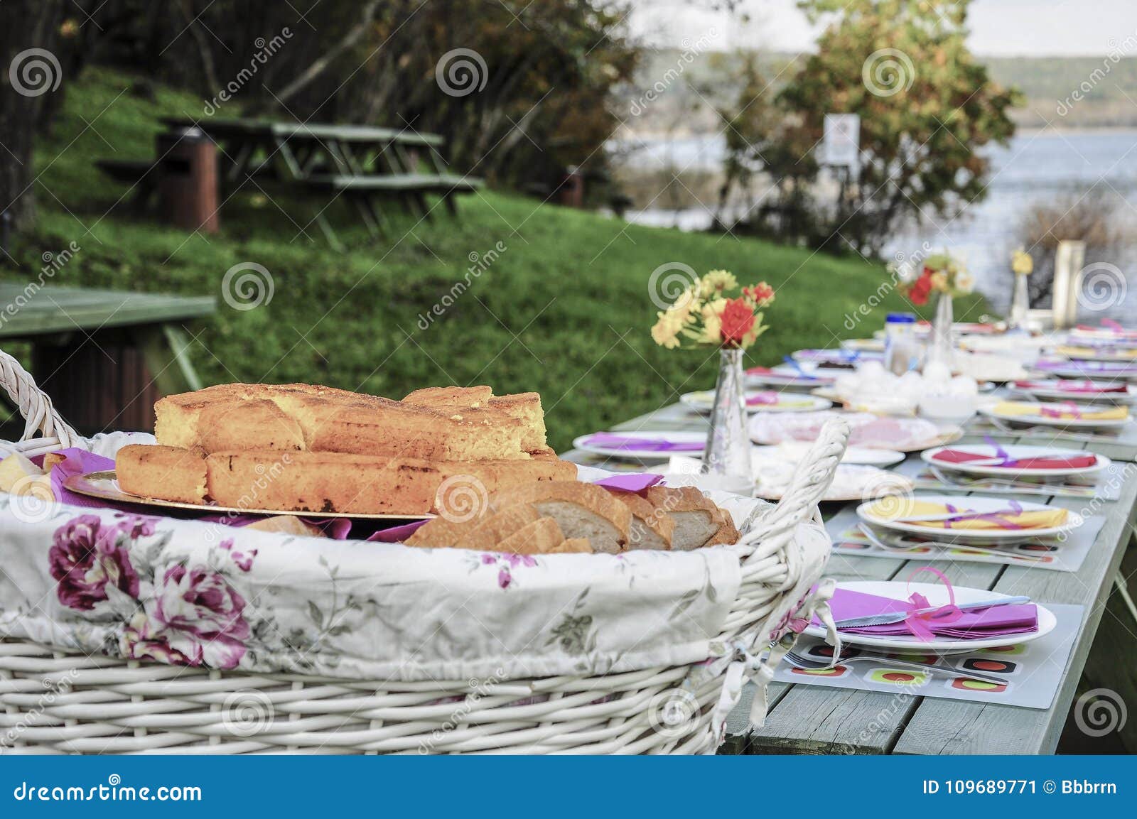 A Fancy Picnic Table Full of Food by Lake in Spring Stock Image - Image ...