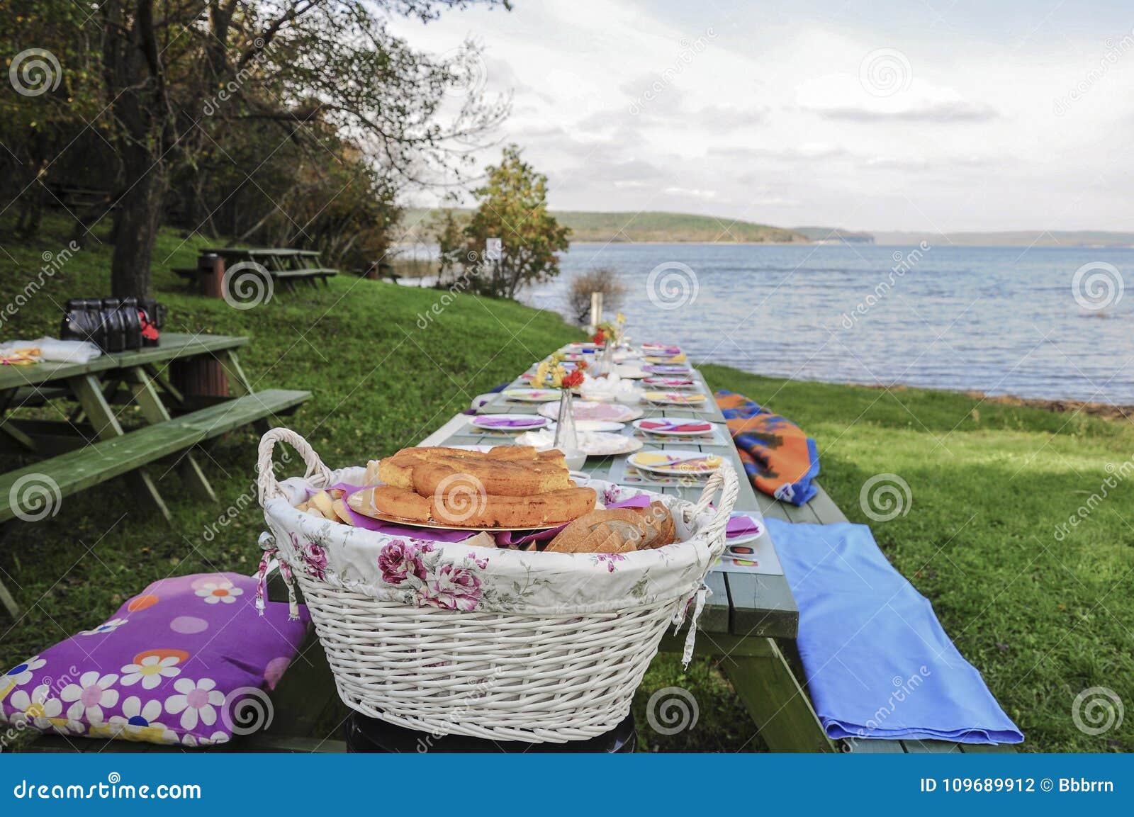 A Fancy Picnic Table Full of Food by Lake in Spring Stock Photo - Image ...