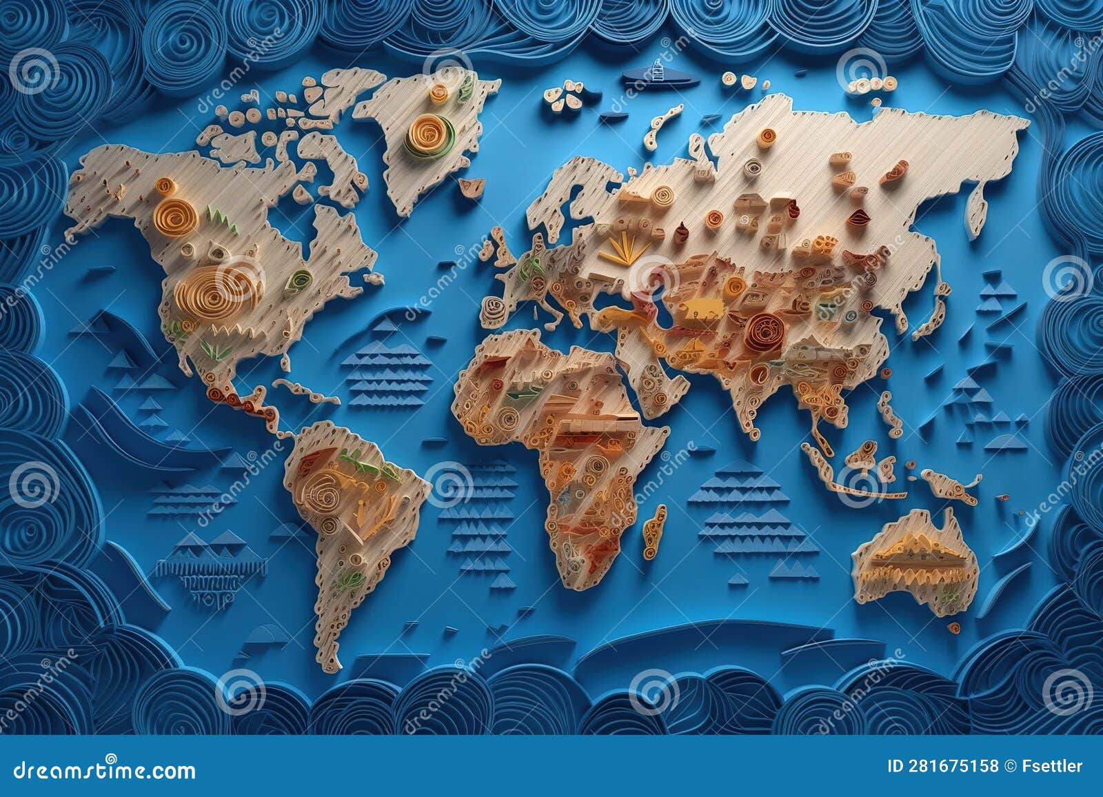 The Fancy Stylized World Map Executed in Style Quilling. Stock ...
