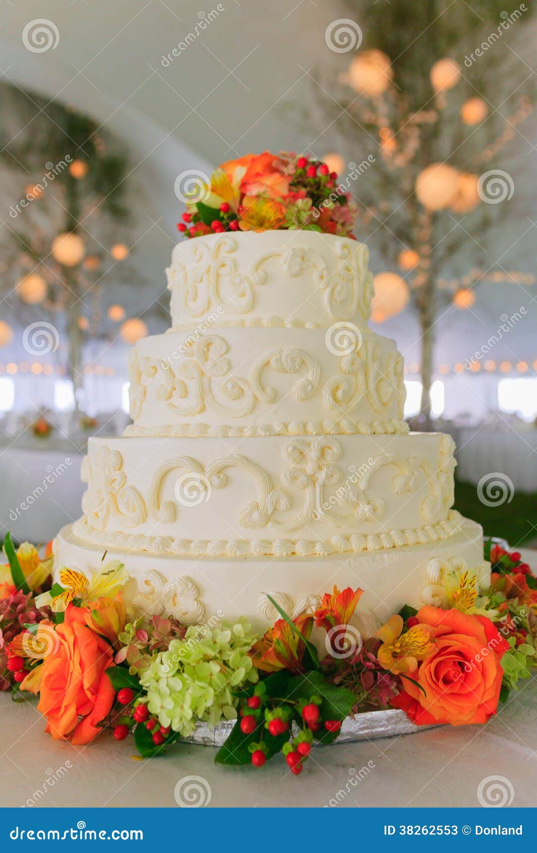 Fancy Wedding Cake Inside a Large Event Tent. Stock Image - Image of ...