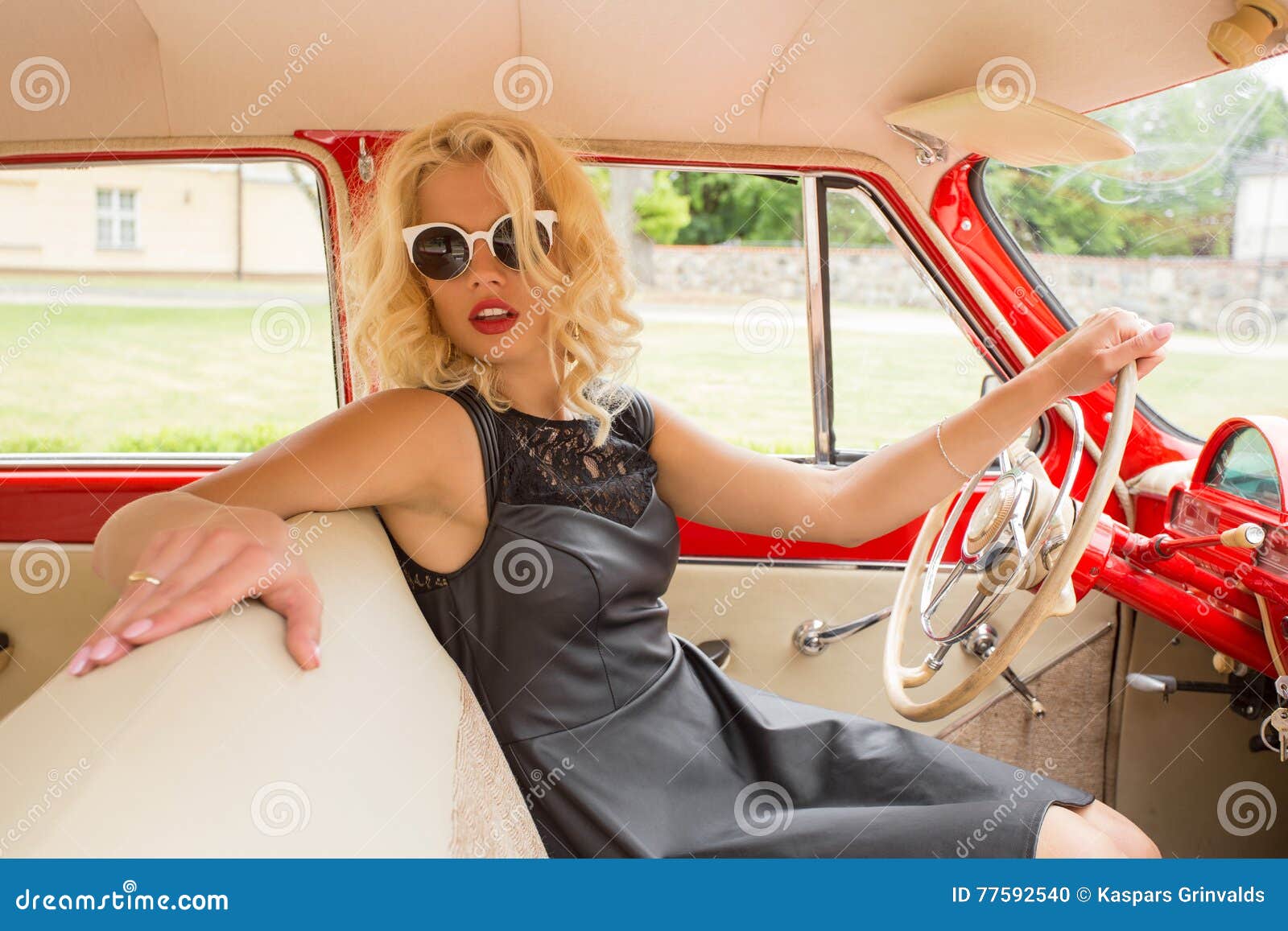 Fancy Woman Driving a Retro Car Stock Photo - Image of dress, portrait ...