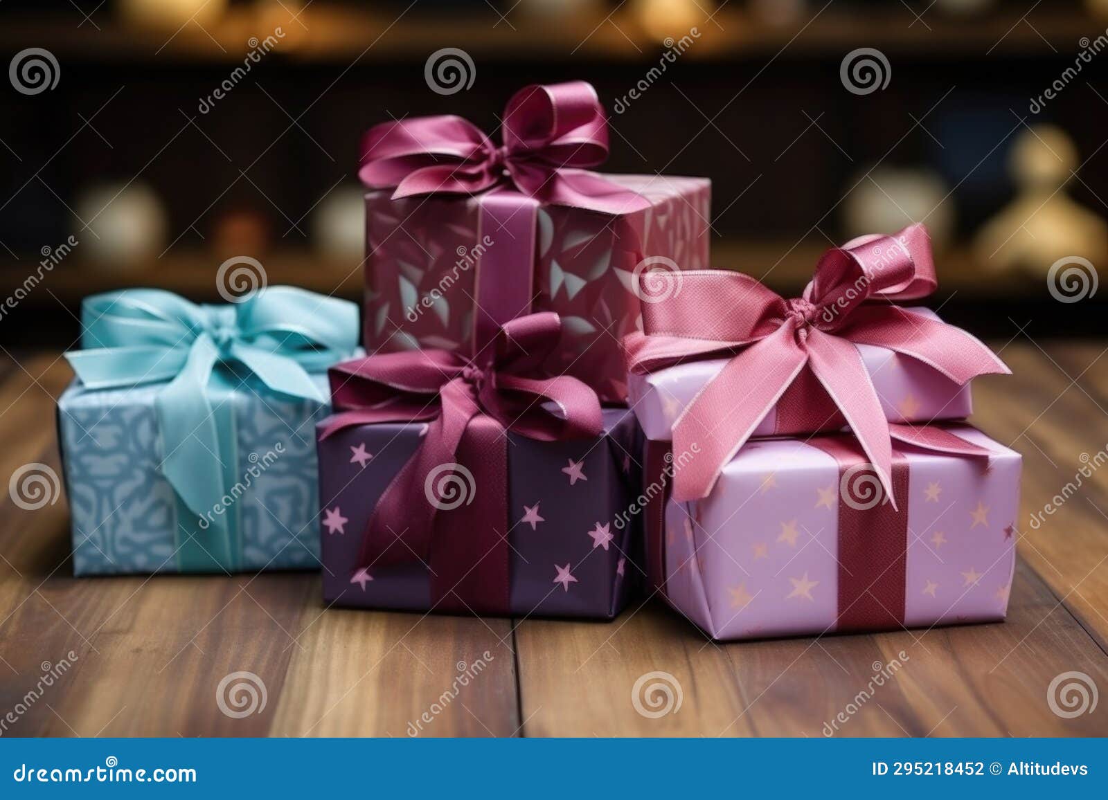 Fancy Wrapped Gift Boxes with Bows on Wooden Table Stock Photo - Image ...
