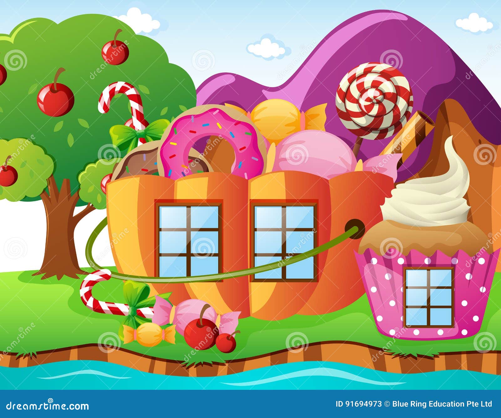 Fantacy World with Candy House and River Stock Vector - Illustration of ...