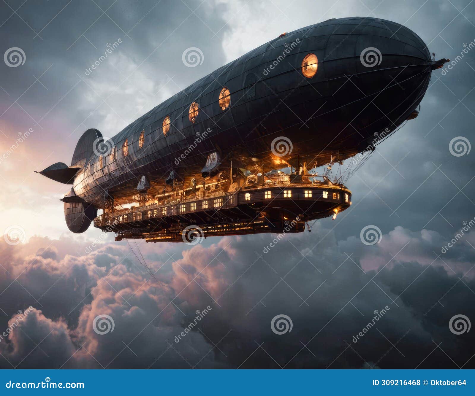 A Fantastic Airship Flies in the Clouds, Night, Lights are on in the ...