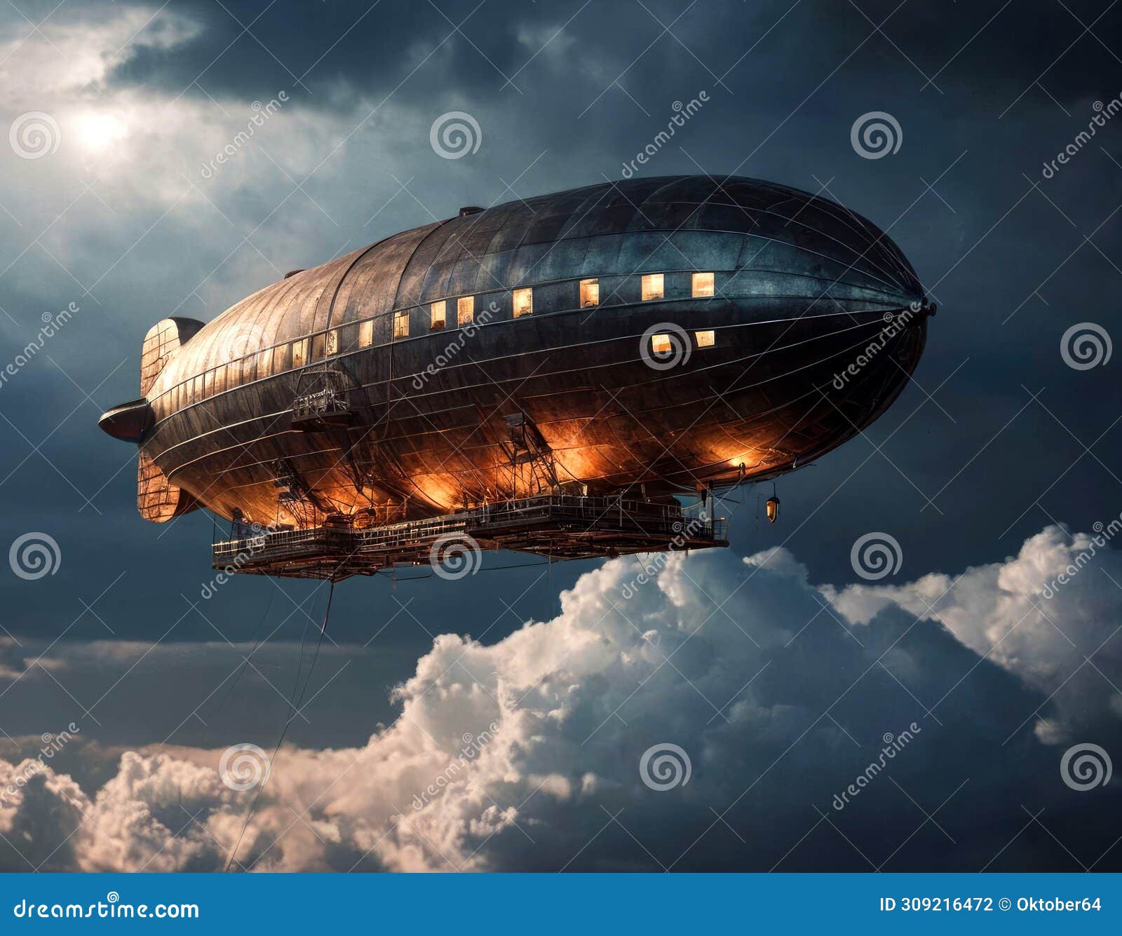 A Fantastic Airship Flies in the Clouds, Night, Lights are on in the Cabins, Thunderstorm, the ...