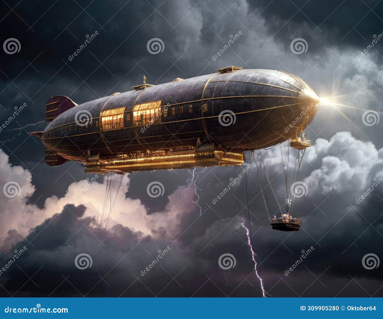 A Fantastic Airship Flies in the Clouds, Night, Lights are on in the ...