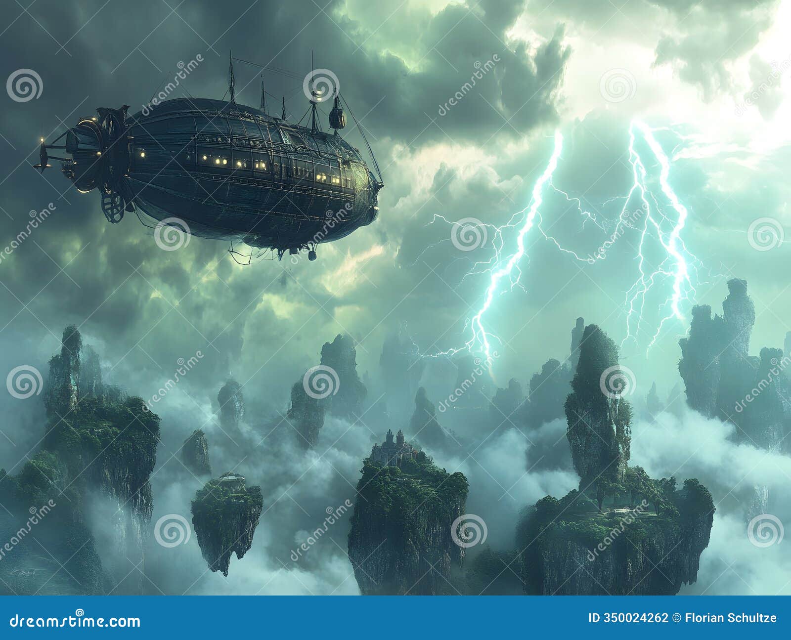 A Fantastic Airship Sailing through a Sky Full of Float Stock ...