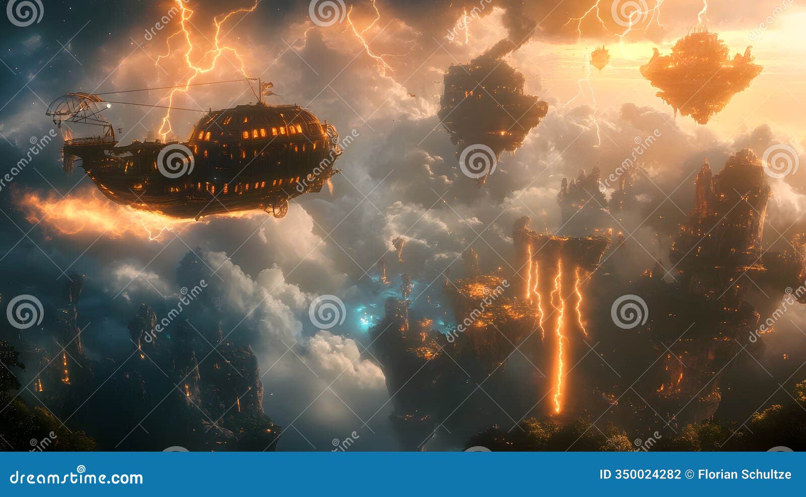 A Fantastic Airship Sailing through a Sky Full of Float Stock ...
