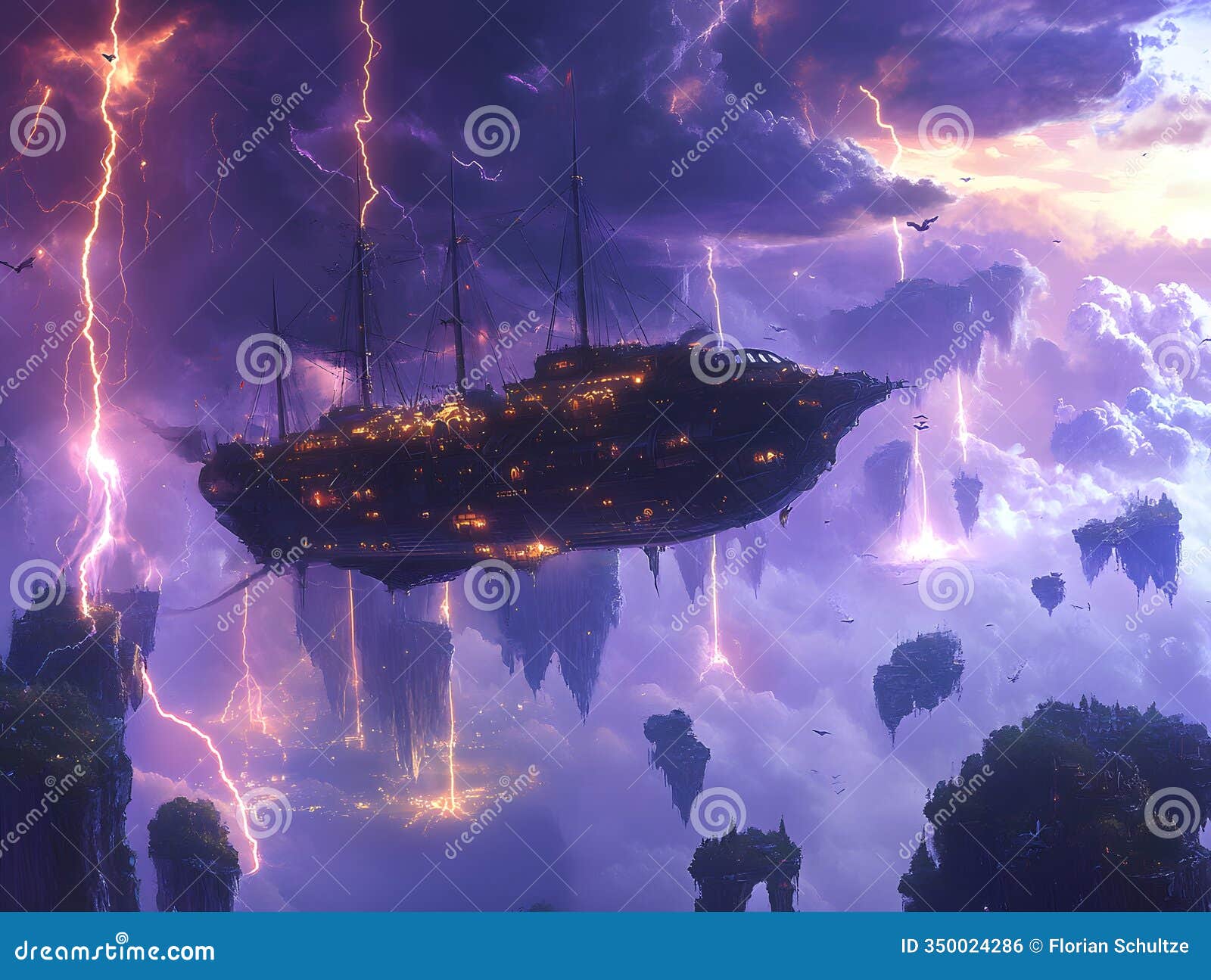 A Fantastic Airship Sailing through a Sky Full of Float Stock ...