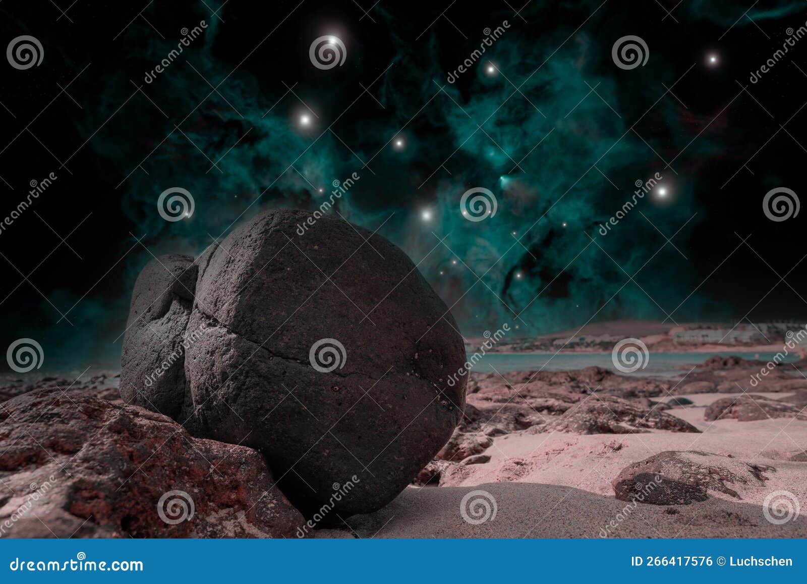 Fantastic Alien Mountain Landscape with Stone Artifact and Space Nebula ...