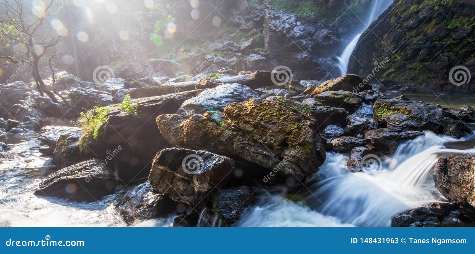 Bright Sunrise Shining on the Waterfall, Gently Water Falling from the ...